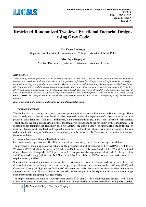 Pdf Restricted Randomized Two Level Fractional Factorial Designs Using Gray Code