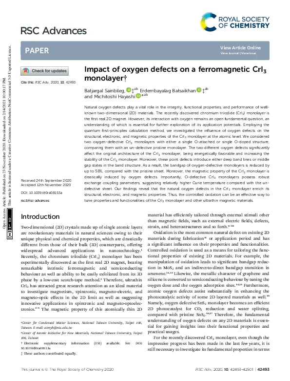 Pdf Impact Of Oxygen Defects On A Ferromagnetic Cri3 Monolayer