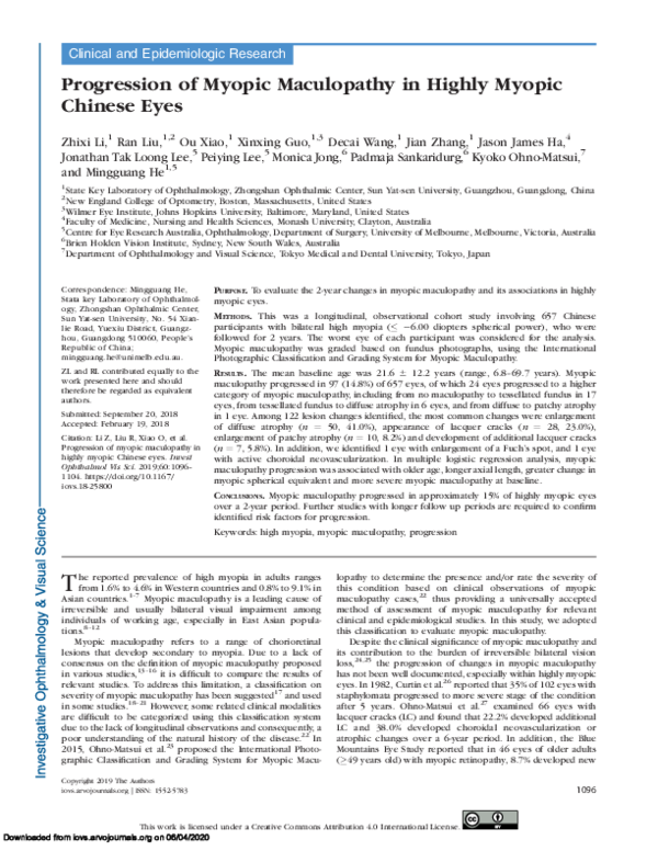 (PDF) Progression of Myopic Maculopathy in Highly Myopic Chinese Eyes