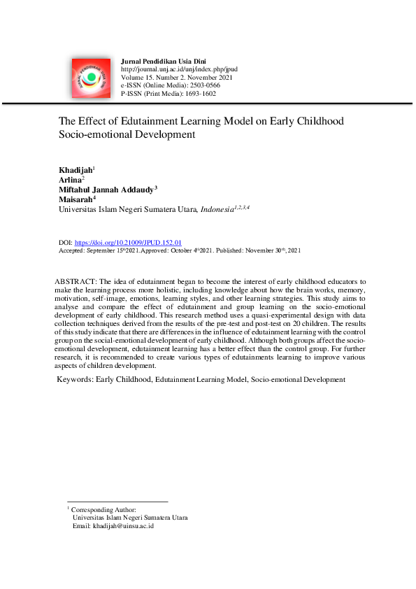 (PDF) The Effect of Edutainment Learning Model on Early Childhood Socio-emotional Development