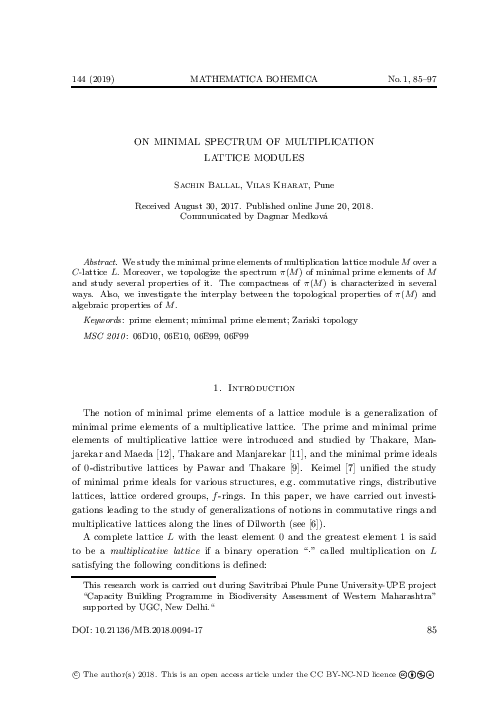 (PDF) On minimal spectrum of multiplication lattice modules