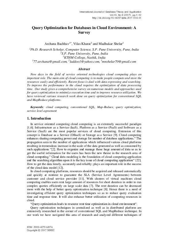 (PDF) Query Optimization for Databases in Cloud Environment: A Survey