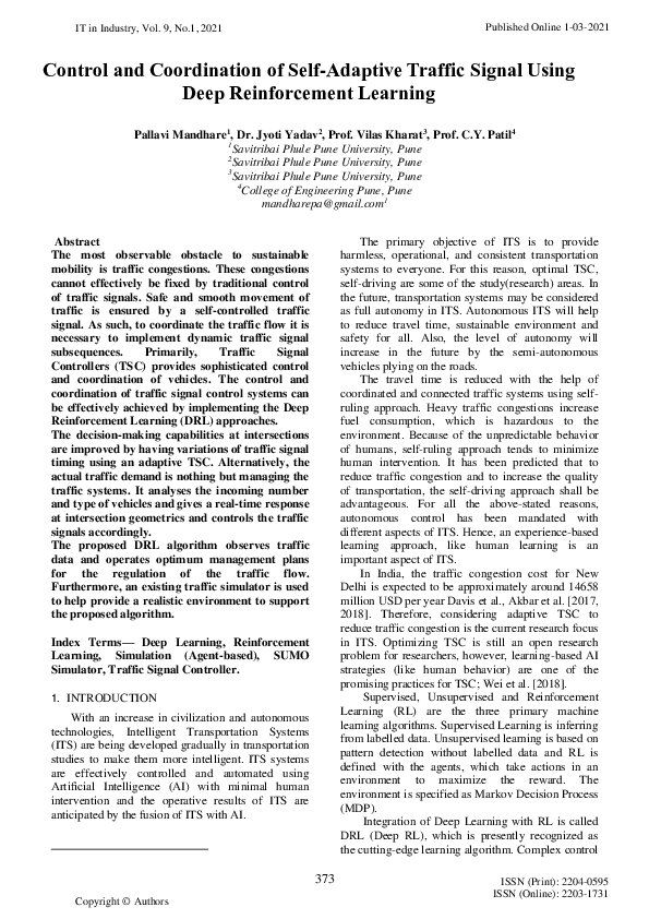 (PDF) Control and Coordination of Self-Adaptive Traffic Signal Using Deep Reinforcement Learning