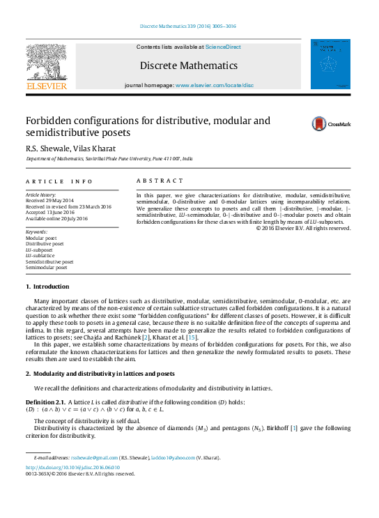 (PDF) Forbidden configurations for distributive, modular and semidistributive posets