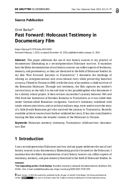 (PDF) Past Forward: Holocaust Testimony in Documentary Film