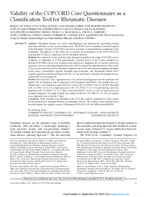(PDF) Validity of the COPCORD Core Questionnaire as a Classification ...