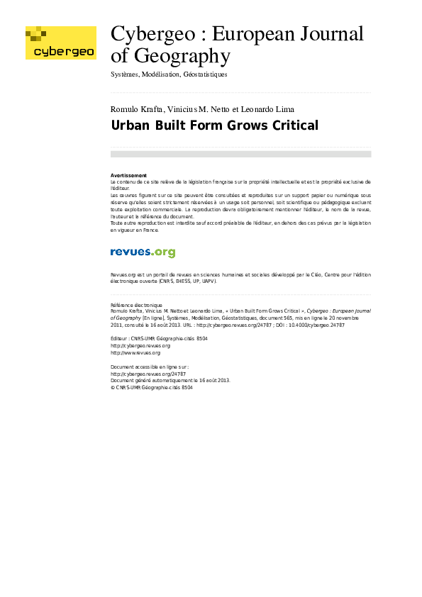 (PDF) Urban Built Form Grows Critical