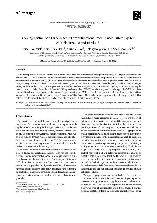 Pdf Tracking Control Of A Three Wheeled Omnidirectional Mobile Manipulator System With