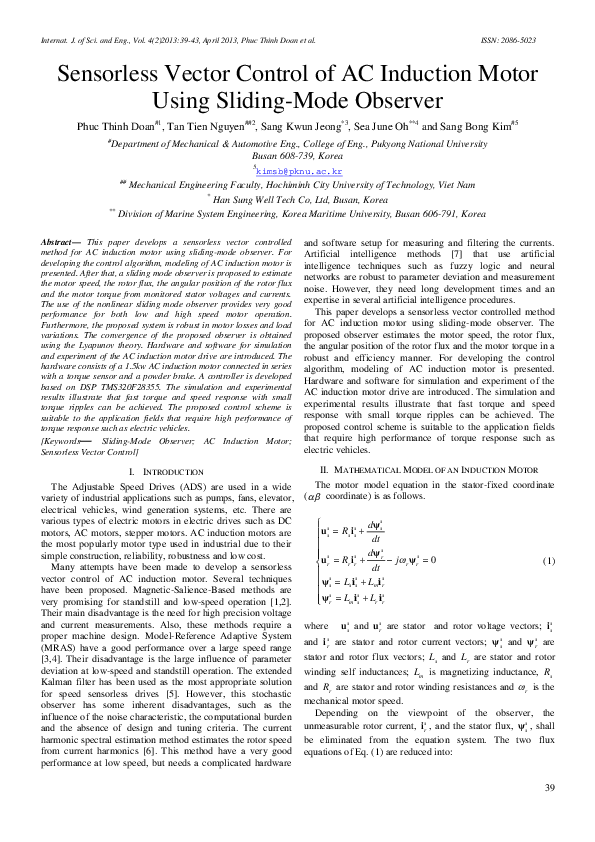 Pdf Sensorless Control Of Ac Motors Via Sliding Mode