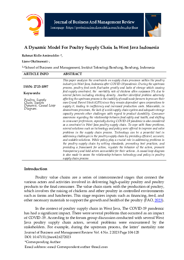 (PDF) A Dynamic Model For Poultry Supply Chain In West Java