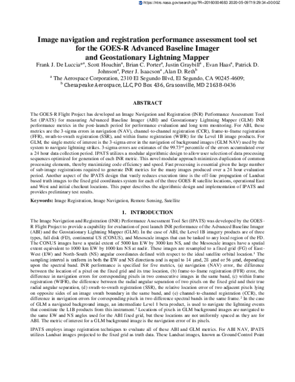 (PDF) Image navigation and registration performance assessment tool set for the GOES-R Advanced ...