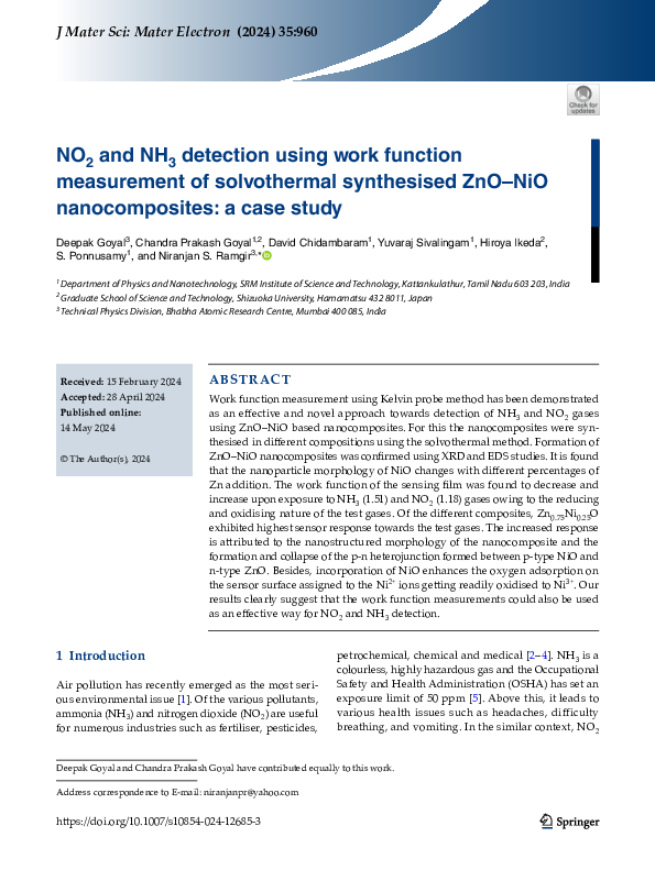 (PDF) NO2 and NH3 detection using work function measurement of solvothermal synthesised ZnO–NiO ...