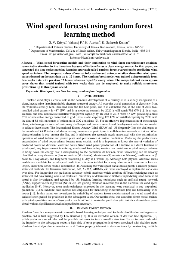 (PDF) Wind speed forecast using random forest learning method