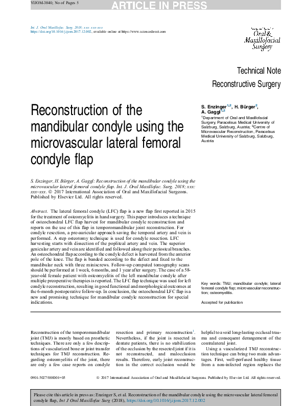 (PDF) Reconstruction of the mandibular condyle using the microvascular ...