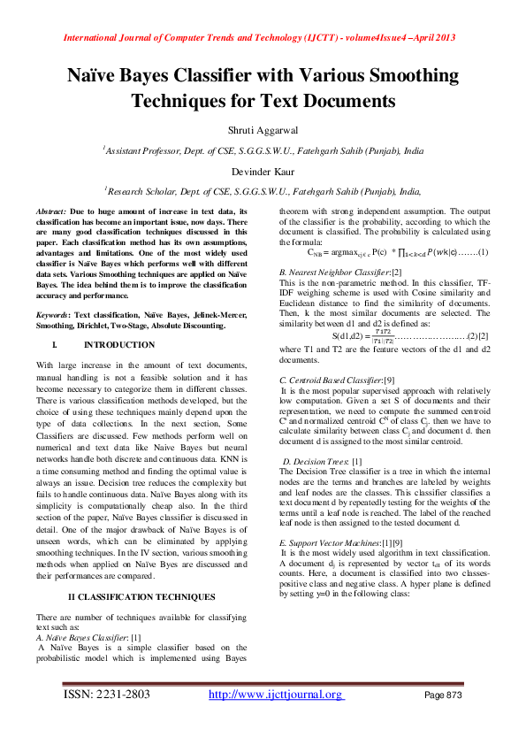 (PDF) Naïve Bayes Classifier with Various Smoothing Techniques for Text Documents