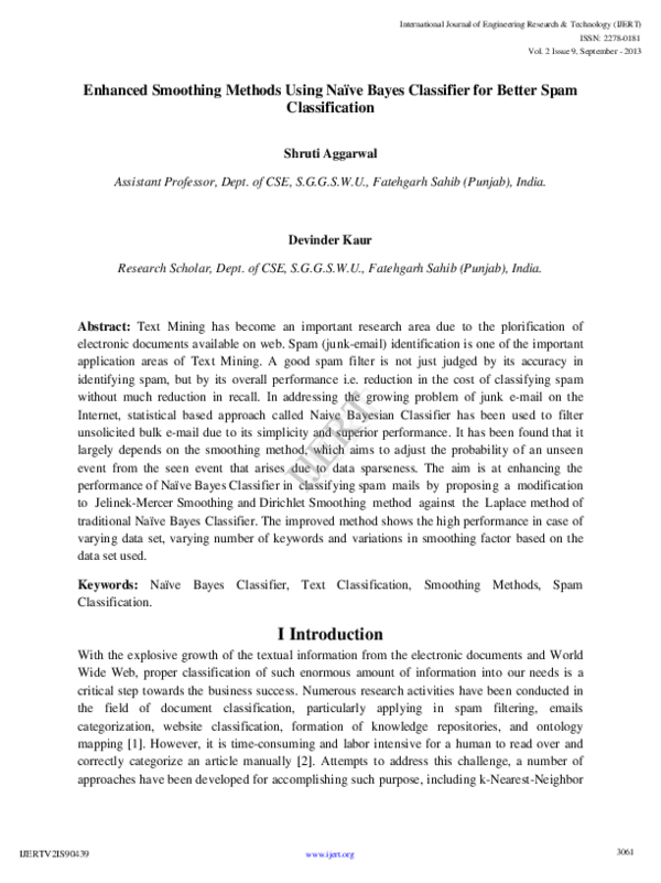 Pdf Enhanced Smoothing Methods Using Naïve Bayes Classifier For Better Spam Classification