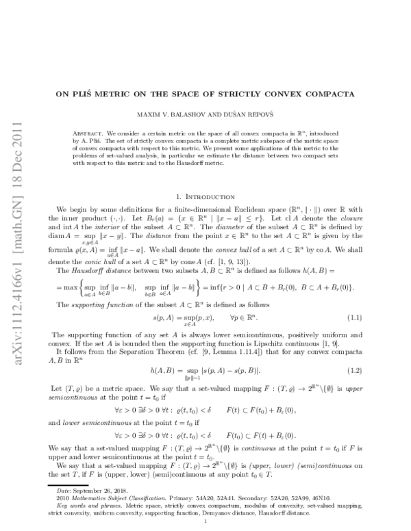 (PDF) On Pli '{s} metric on the space of strictly convex compacta | Maxim Balashov - Academia.edu