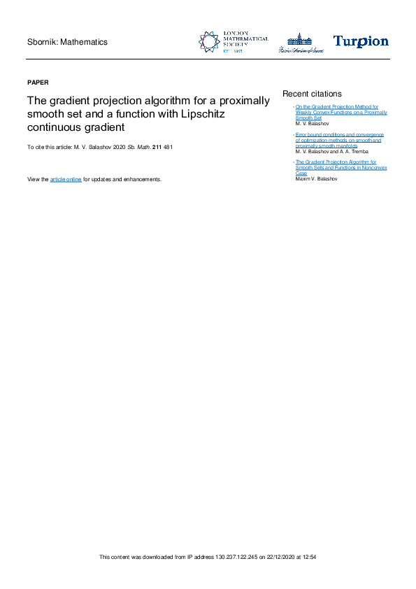 (PDF) The gradient projection algorithm for a proximally smooth set and a function with ...
