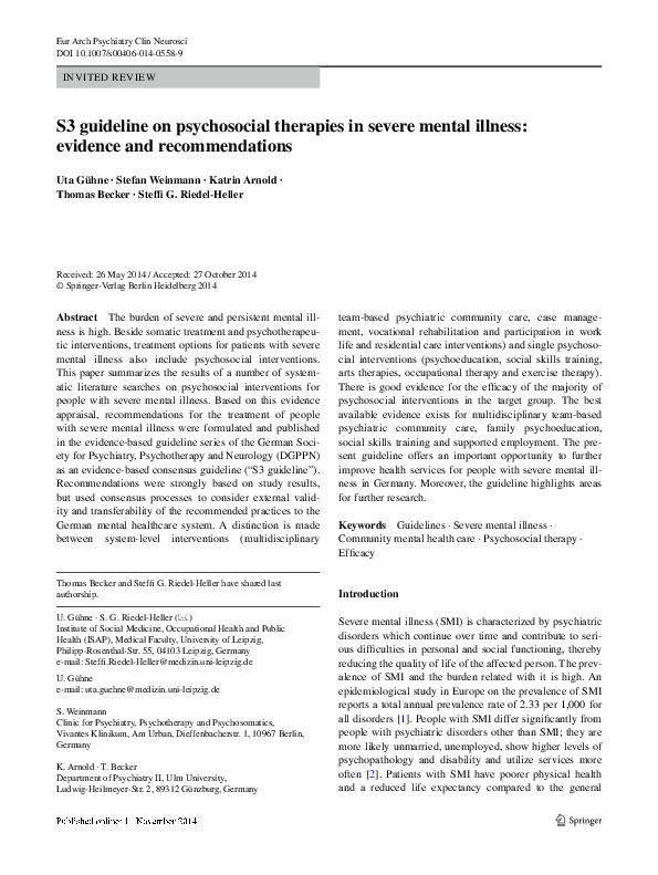 (PDF) S3 guideline on psychosocial therapies in severe mental illness ...