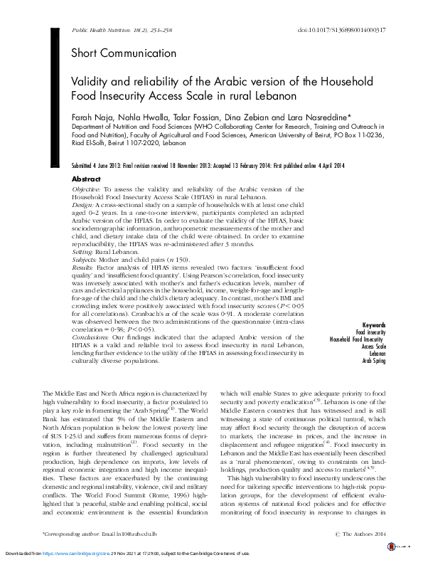 (PDF) Validity and reliability of the Arabic version of the Household Food Insecurity Access ...