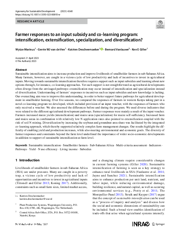 (PDF) Farmer responses to an input subsidy and co-learning program ...