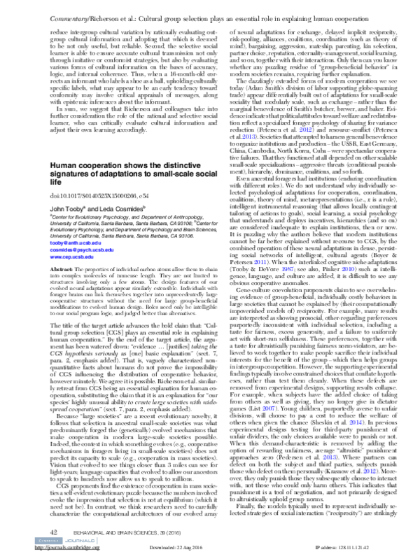 (PDF) Human cooperation shows the distinctive signatures of adaptations ...
