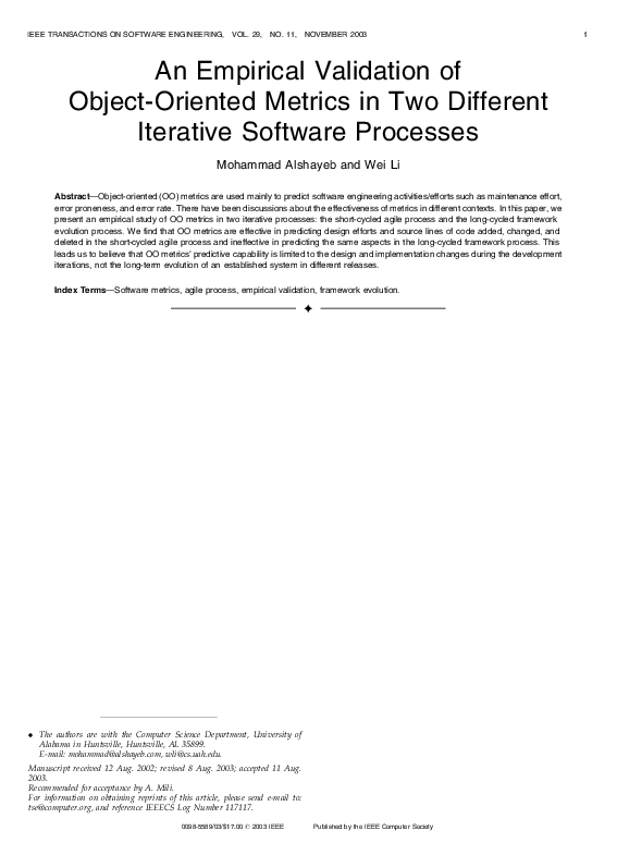 Pdf An Empirical Validation Of Object Oriented Metrics In Two
