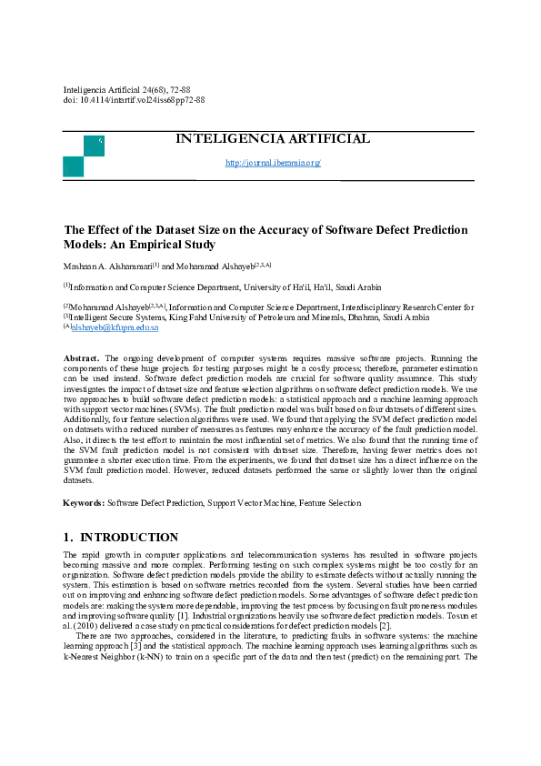 Pdf The Effect Of The Dataset Size On The Accuracy Of Software Defect Prediction Models An