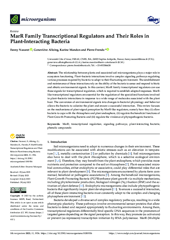 (PDF) MarR Family Transcriptional Regulators and Their Roles in Plant ...