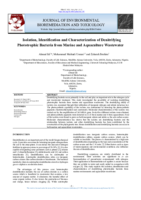 (PDF) Isolation, Identification and Characterization of Denitrifying Phototrophic Bacteria from ...