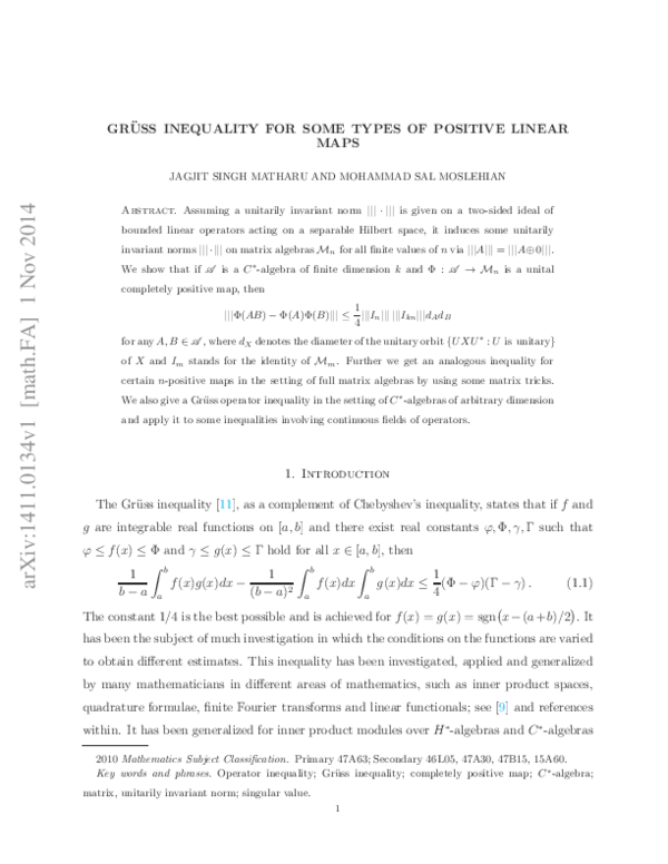 (PDF) Gruss inequality for some types of positive linear maps