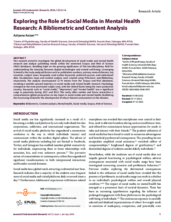 (PDF) Exploring the Role of Social Media in Mental Health Research: A Bibliometric and Content ...
