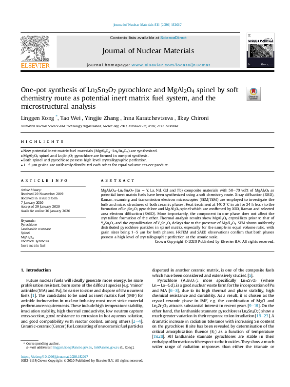 (PDF) One-pot synthesis of Ln2Sn2O7 pyrochlore and MgAl2O4 spinel by ...