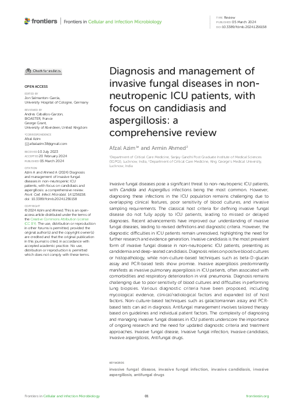 (PDF) Diagnosis and management of invasive fungal diseases in non-neutropenic ICU patients, with ...