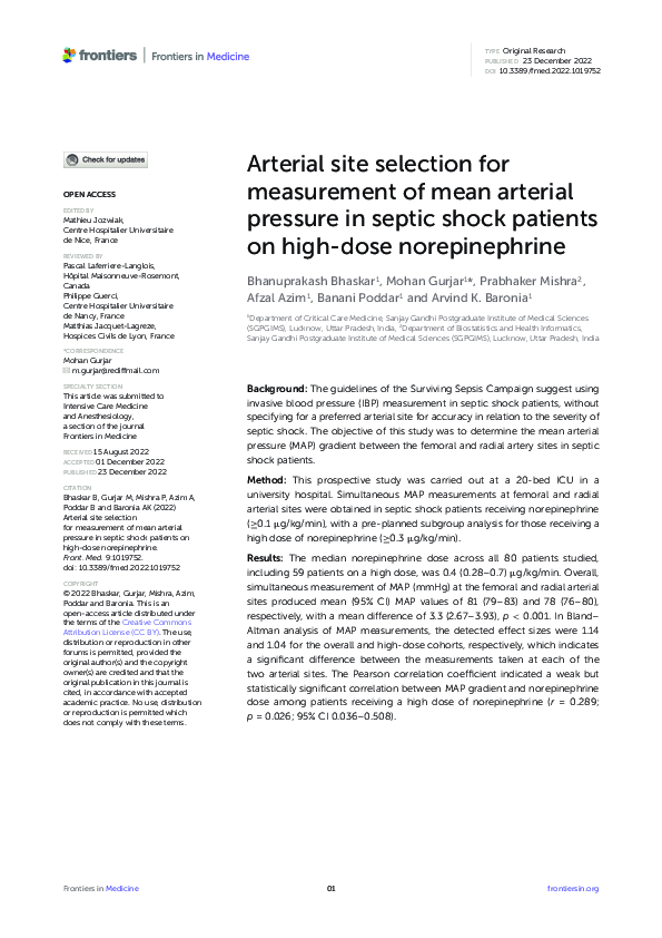 (PDF) Arterial site selection for measurement of mean arterial pressure ...