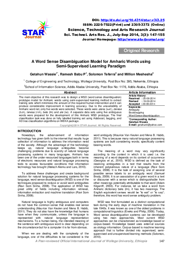 (PDF) A Word Sense Disambiguation Model for Amharic Words using Semi ...