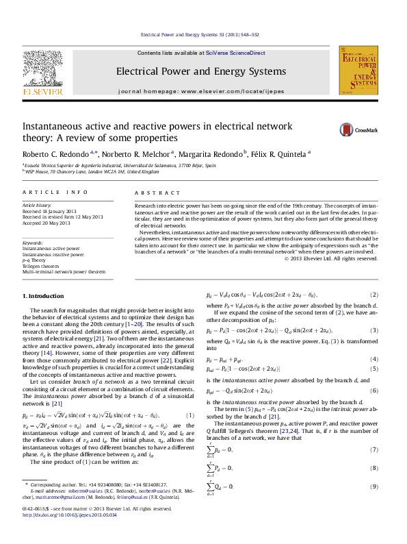 (PDF) Instantaneous active and reactive powers in electrical network ...