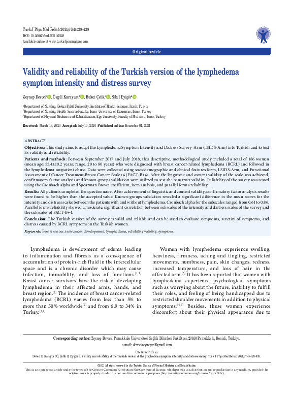 (PDF) Validity and reliability of the Turkish version of the lymphedema symptom intensity and ...