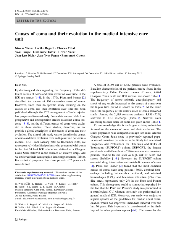 (PDF) Causes of coma and their evolution in the medical intensive care unit