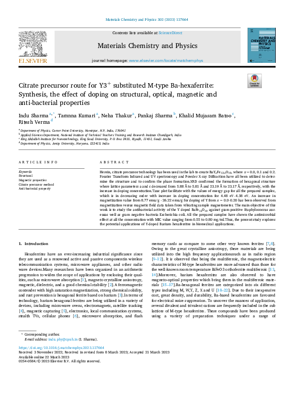 (PDF) Citrate precursor route for Y3 + substituted M-type Ba ...