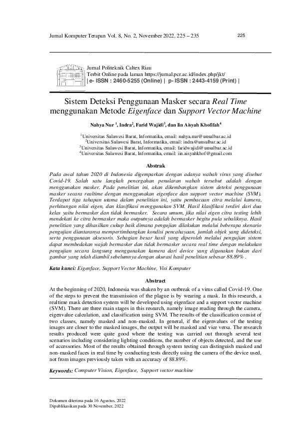 (PDF) Sistem Deteksi Penggunaan Masker secara Real Time menggunakan Metode Eigenface dan Support ...