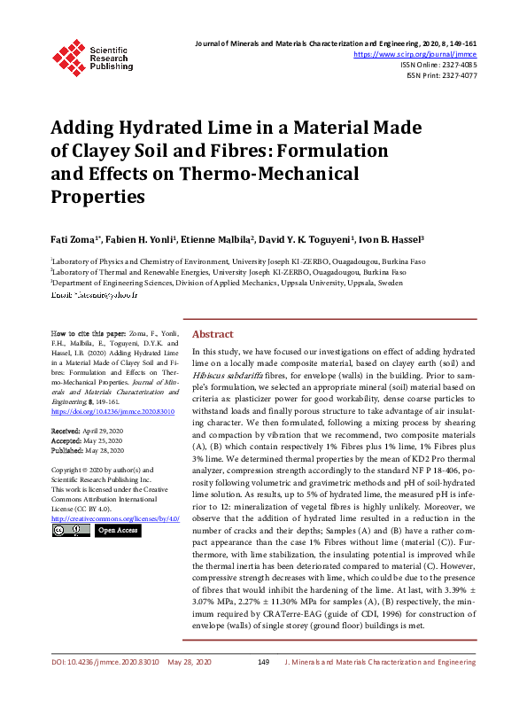 (PDF) Adding Hydrated Lime in a Material Made of Clayey Soil and Fibres ...