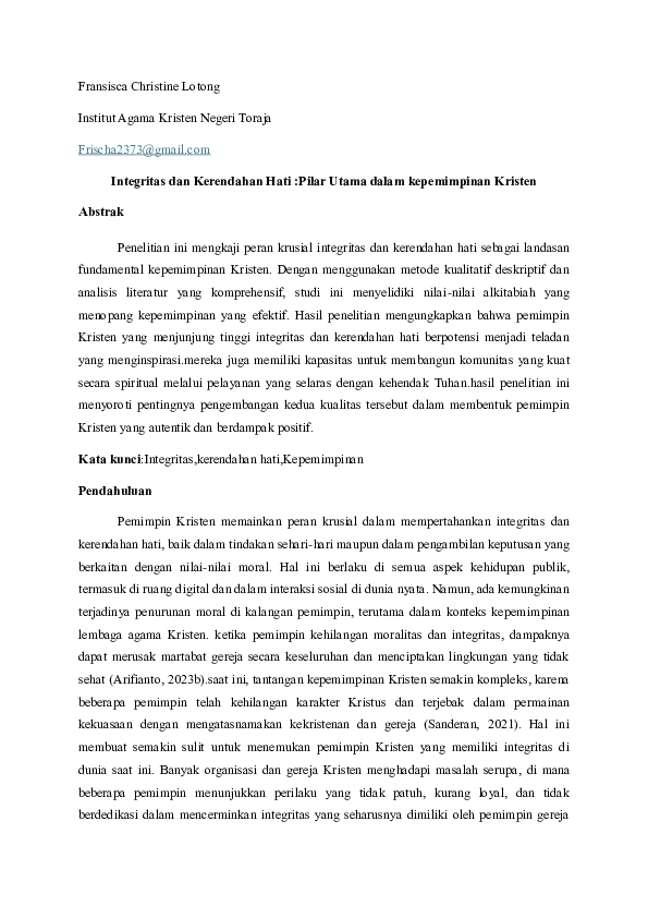 (PDF) Integritas dan Kerendahan Hati:Pilar Utama dalam Kepemimpinan Kristen