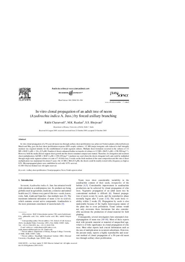 (PDF) In vitro clonal propagation of an adult tree of neem (Azadirachta ...