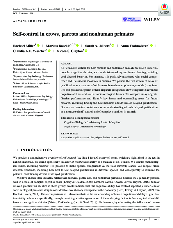 (PDF) Self‐control in crows, parrots and nonhuman primates