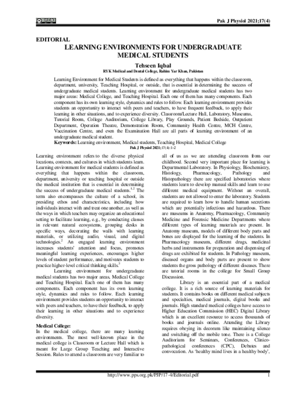 (PDF) Learning Environments for Undergraduate Medical Students