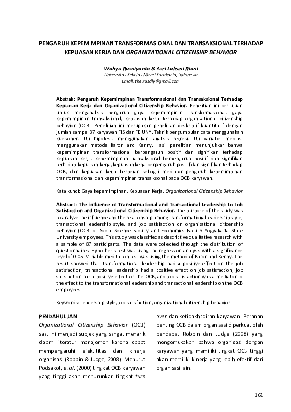 (PDF) Pengaruh Kepemimpinan Transformasional Dan Transaksional Pada Organizational Citizenship ...