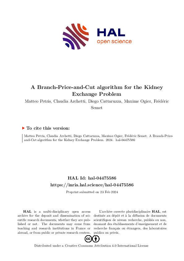 (PDF) A Branch-Price-and-Cut algorithm for the Kidney Exchange Problem