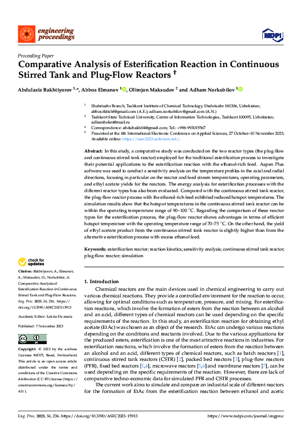 (PDF) Comparative Analysis of Esterification Reaction in Continuous Stirred Tank and Plug-Flow ...