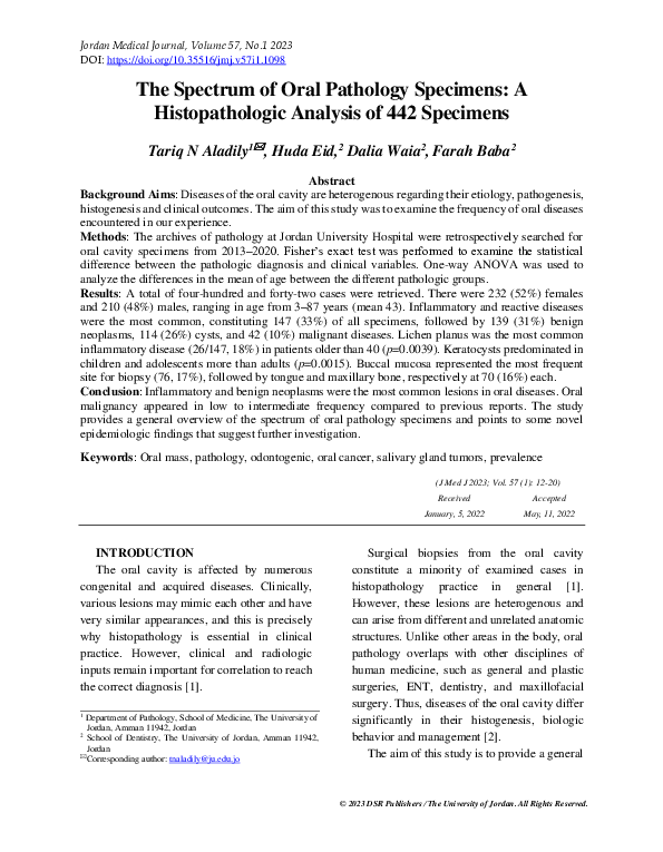 (PDF) The Spectrum of Oral Pathology Specimens: A Histopathologic Analysis of 442 Specimens